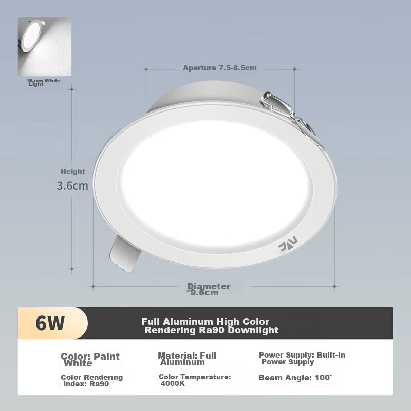 NVC LED Downlight for Living Room, Bedroom, Hallway, Recessed Ceiling Light, All-Aluminum, 6W, Paint White, Warm White, 75mm Cut-Out