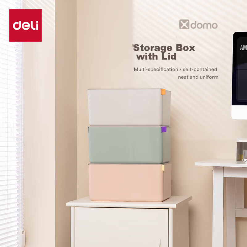 Deli Xdomo Series Storage Box with Lid, Office Desk Makeup Organizer with Silicone Clasp, Large Green XDM14