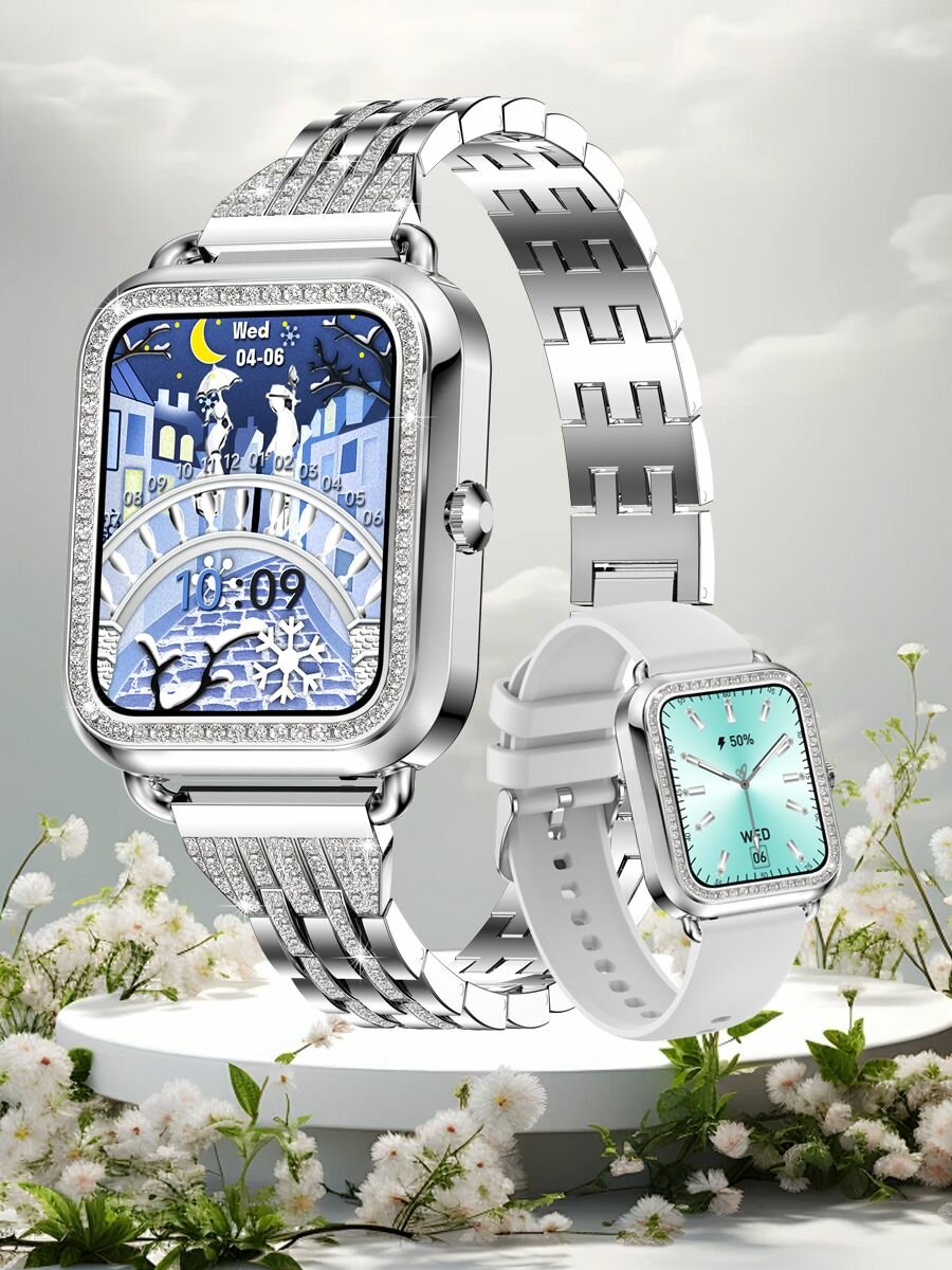 Умные часы для женщин с бриллиантами,1.57' HD сенсорный экран, фитнес-трекер с пульсом, кислородом крови, монитором сна функциональность