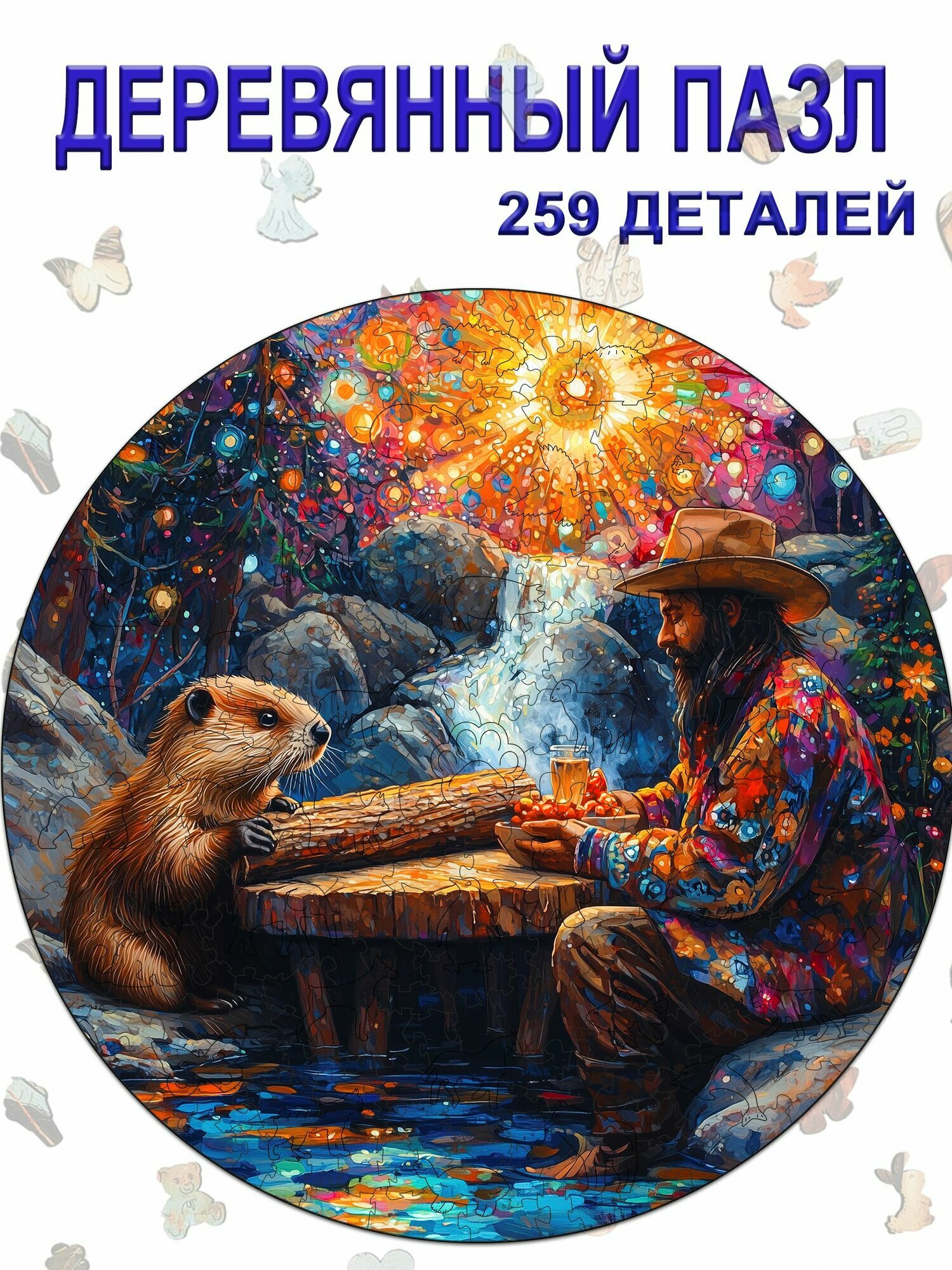 223 Деревянный пазл картина, "Мандала" с бобром за столом