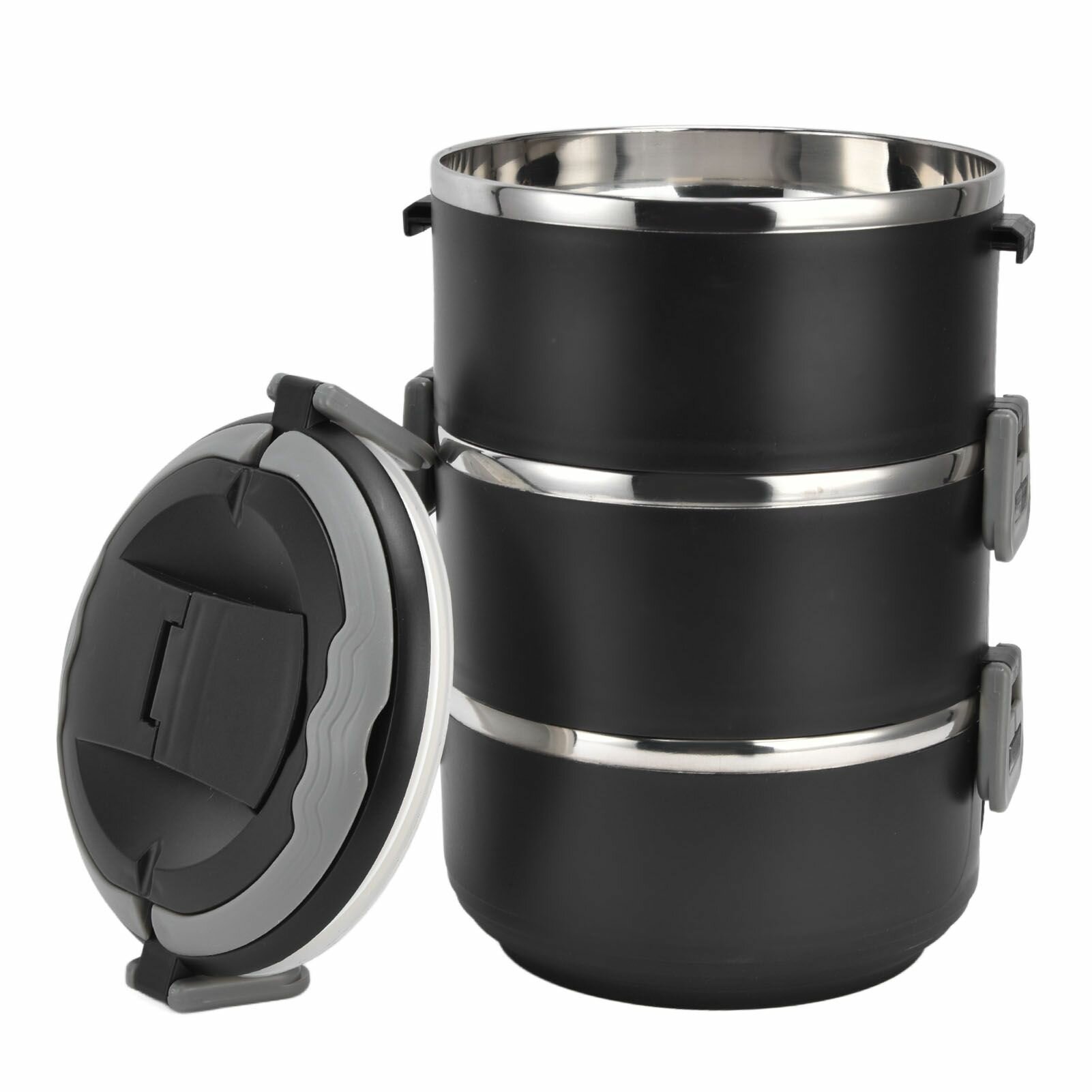 3-слойный штабелируемый ланч-бокс из нержавеющей стали, черный, портативный бенто-бокс для школы, кемпинга, пикника, сохранения тепла и герметичности