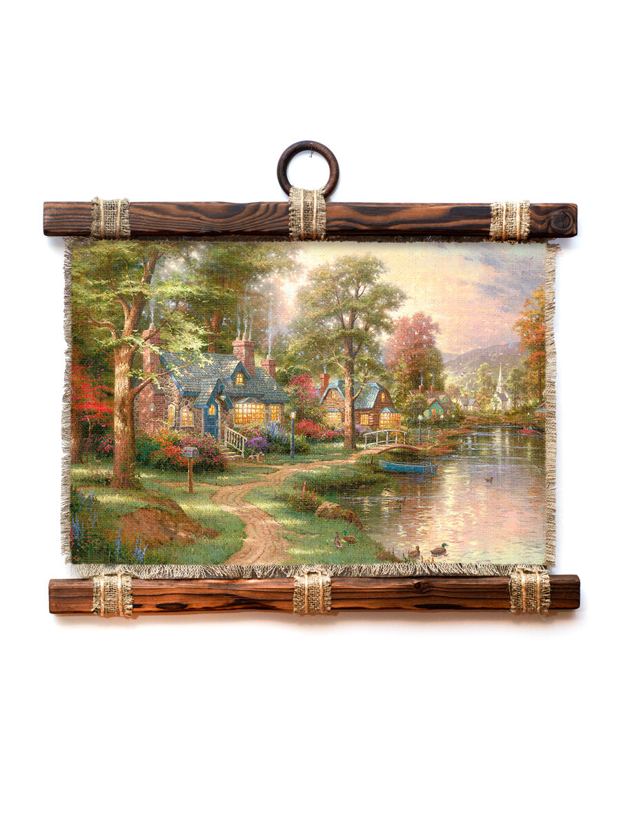 Панно Универсальный свиток / Улица у пруда, А4 / Декор для стен / Картина на холсте / Подарок бабушке / Панно настенное