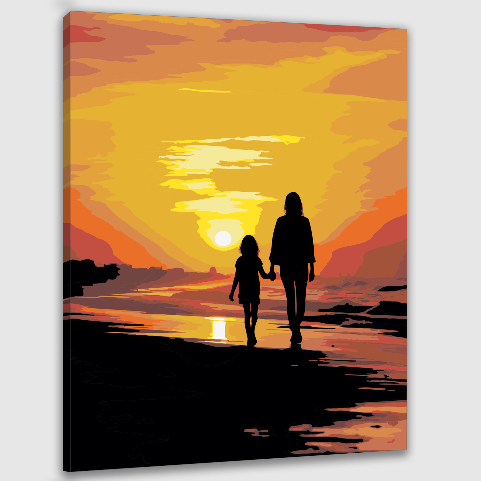 Картина по номерам 40x50 см, фотография, друзья, рука об руку, пляж, закат, силуэты, небо, золотистые оттенки