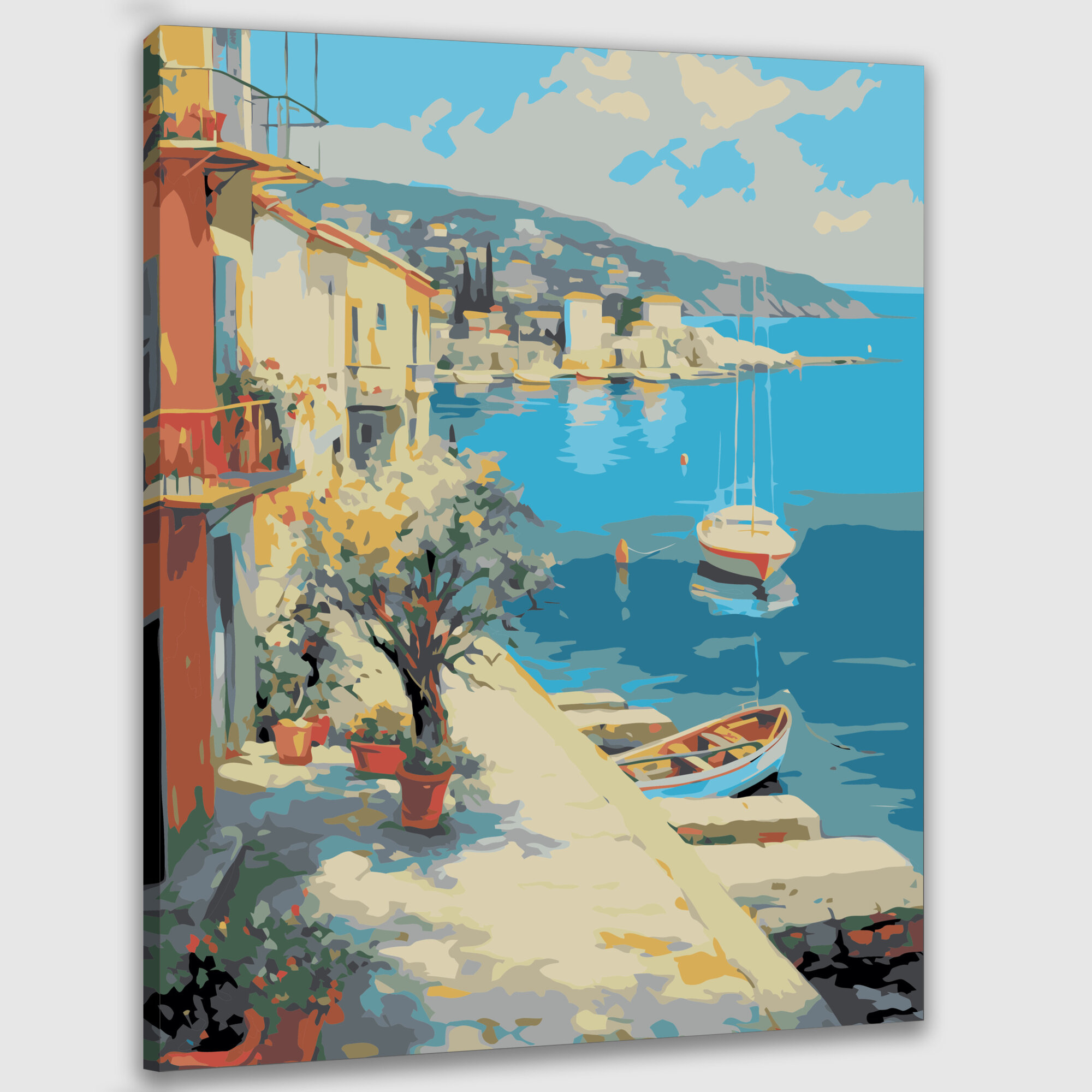 Картина по номерам 40x50 см, картина, масло, итальянские пристани, яхты, рыбацкие лодки, воды, здания, флора, яркие