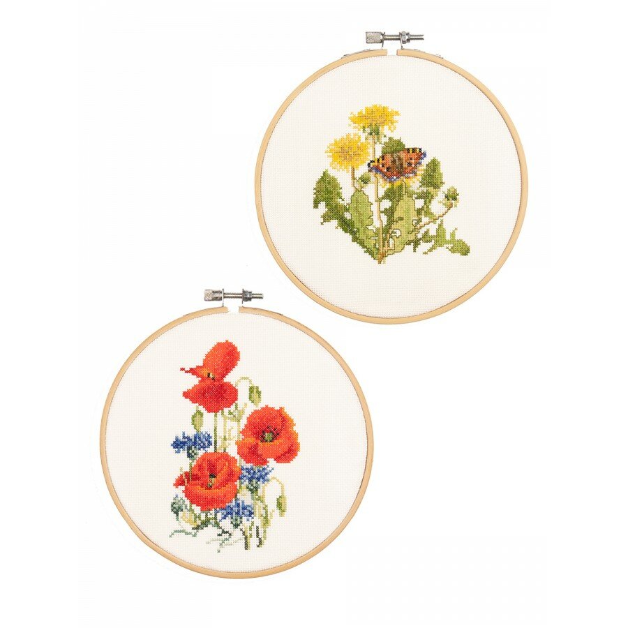 Набор для вышивания Весенние цветы, канва аида 16 ct, диаметр 15 см, 2 дизайна 15 см THEA GOUVERNEUR 609A