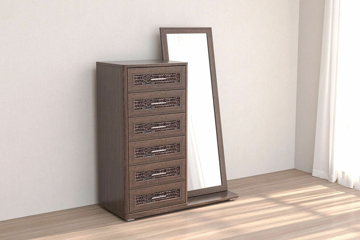Комод 6 ящиков с зеркалом Кэт 4 Кайман тёмный и Венге, ширина 115см, комод для хранения, в спальню, в гостиную, в прихожую