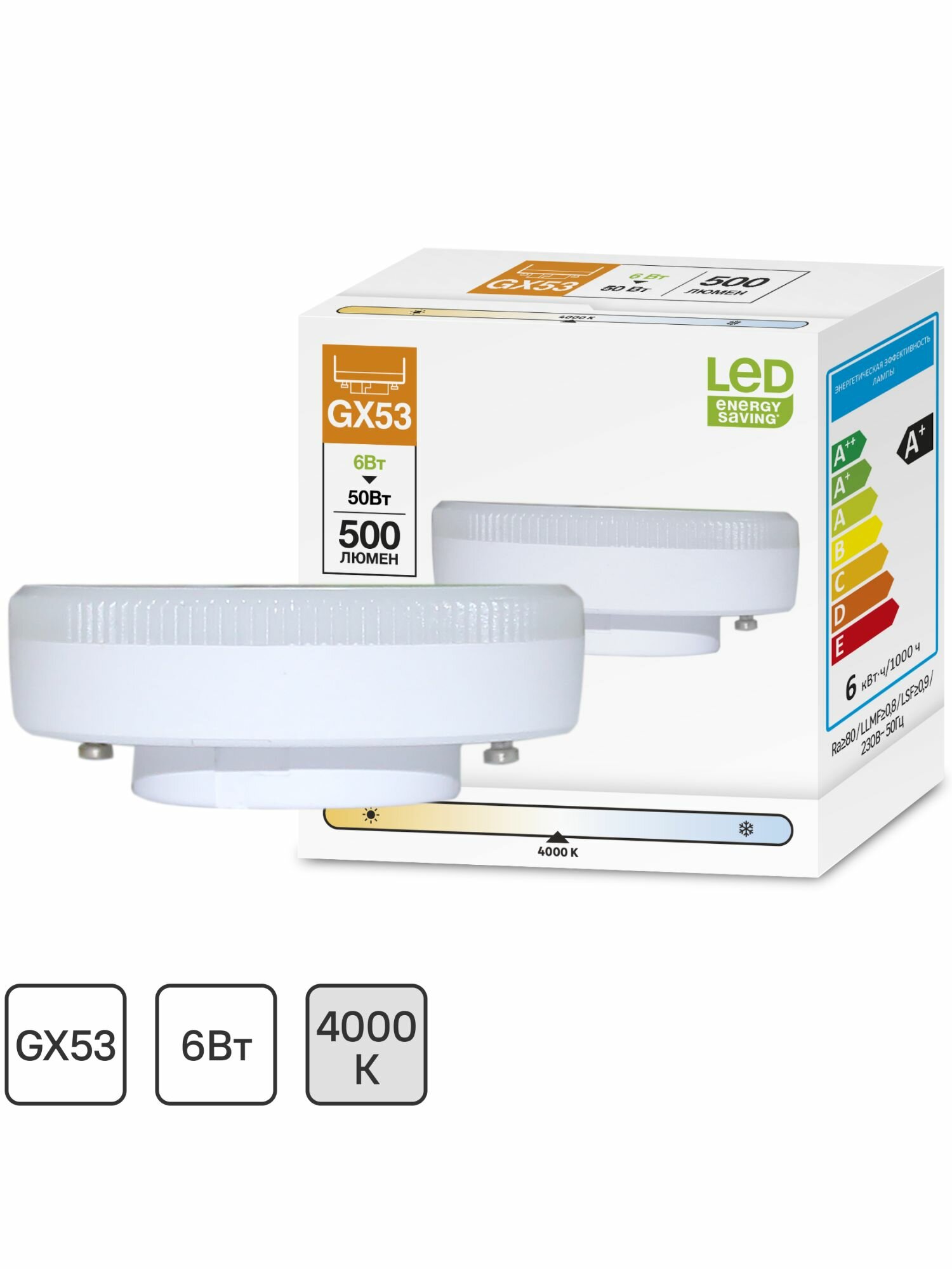 Лампа светодиодная GX53 220-240 В 6 Вт круг матовая 500 лм нейтральный белый свет