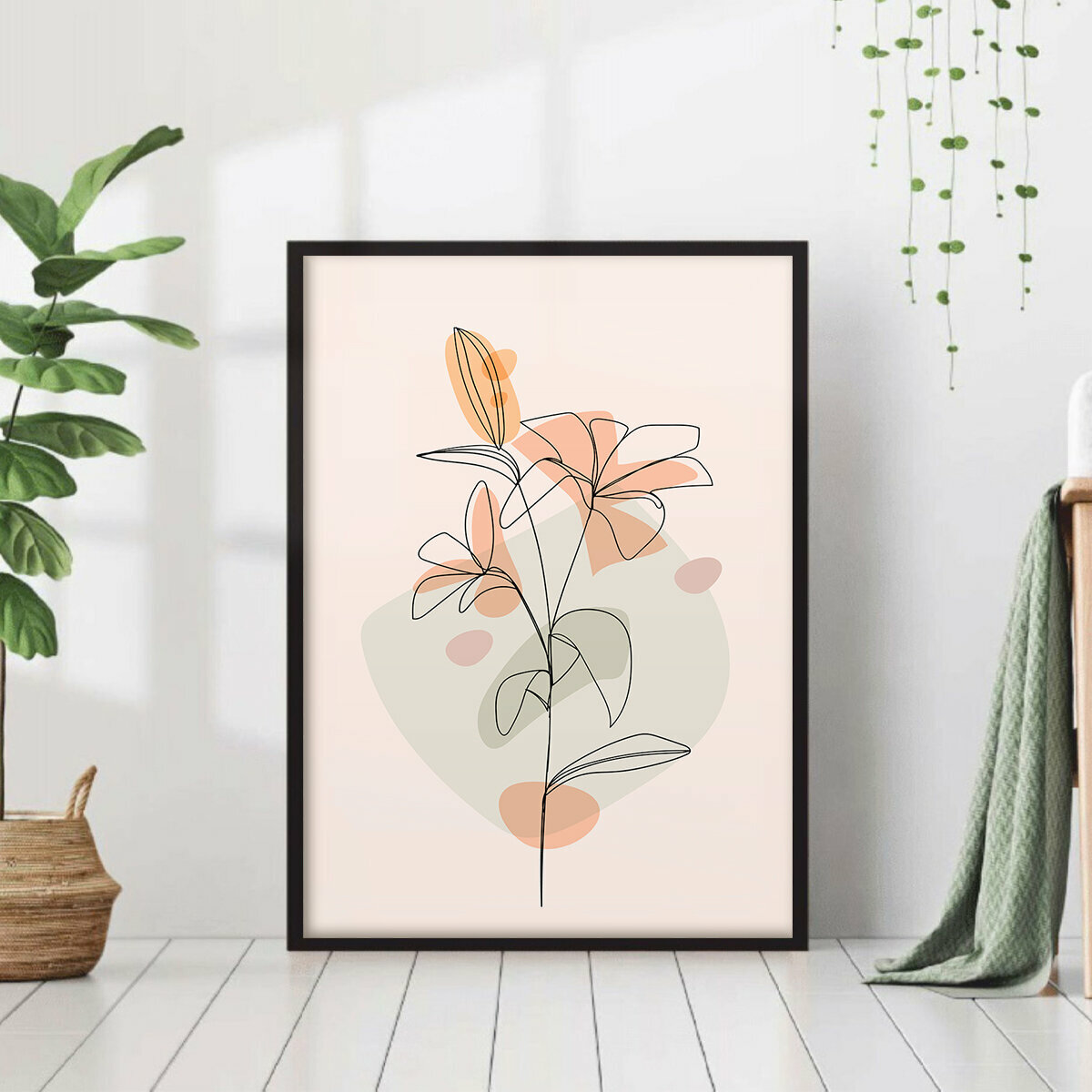 Постер "Цветы Лилии рисунок линией минимализм" в черной рамке 40x50 см для интерьера на стену