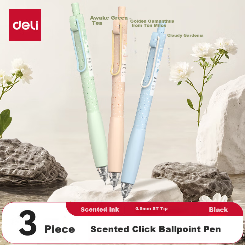 Deli Warm Sun Quick-drying Push Neutral Pen Ink with Fragrance 0.5mm ST Head Student Brush Pen Exam Pen Signature Pen Black 3pcs/box SA612-3