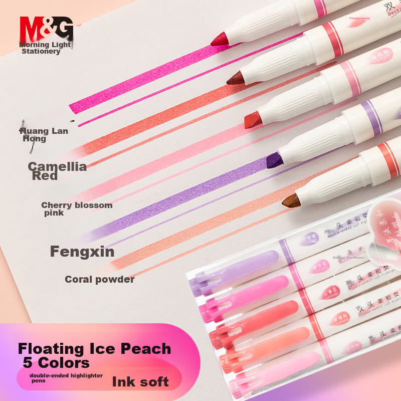 M&G Stationery 5-Color Dual-Tip Highlighters, Thick And Thin Dual-Use Markers, Colorful Highlighting Pens, Premium Ice Peach Series Journal Pens, 5 Pens/Box AHMT6203