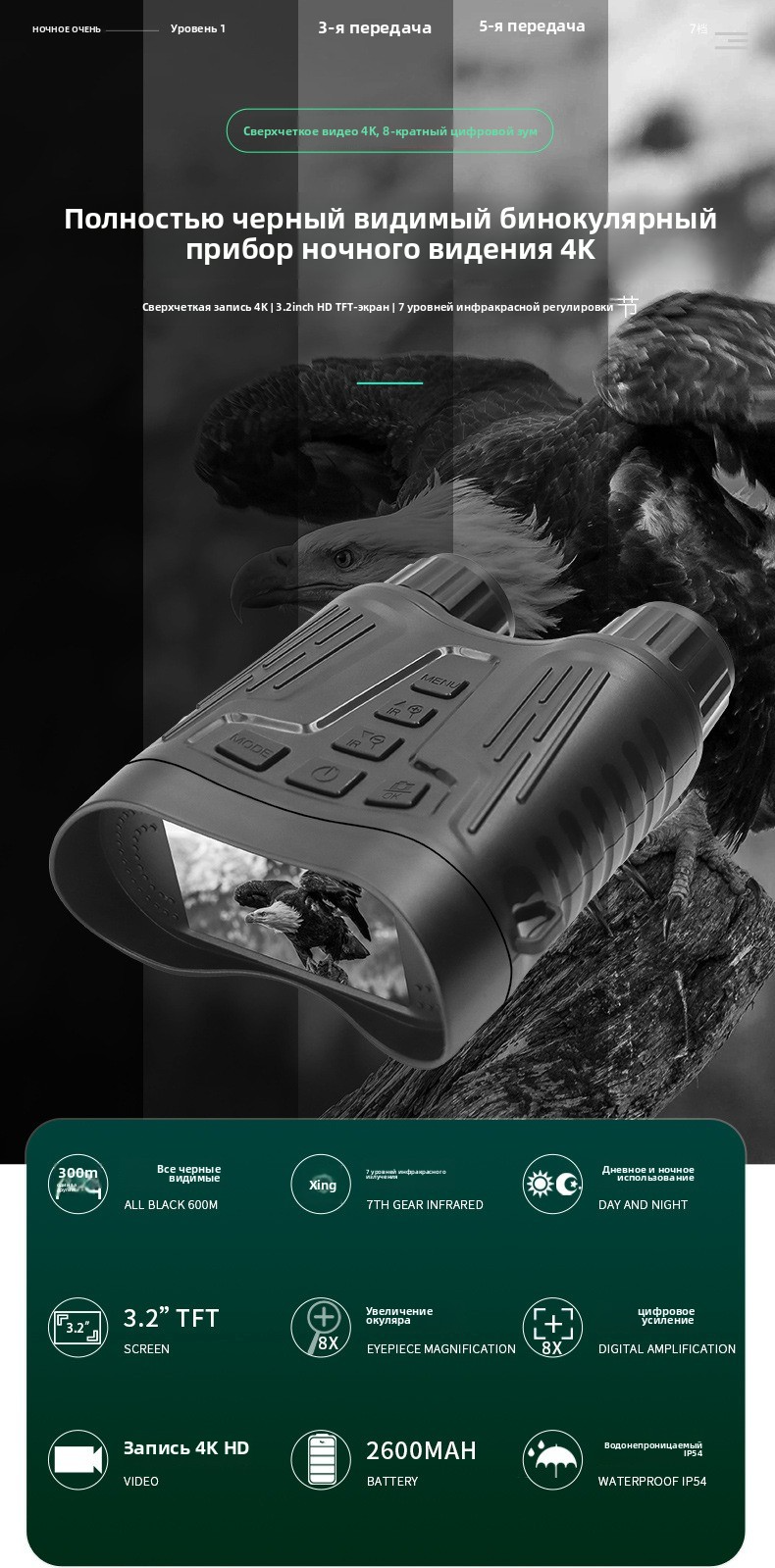 Бинокль ночного видения 4K, 600м дальность, 8x зум, 3.2" экран, запись видео, IP54 — для охоты, наблюдений и спасения