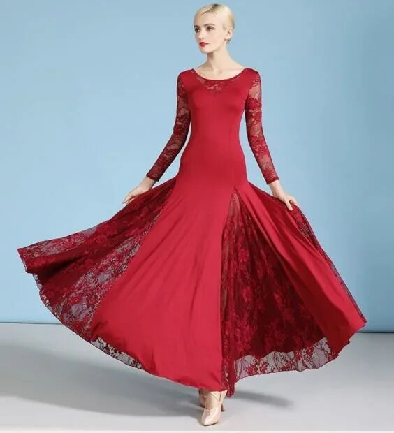 Женское кружевное платье для бальных танцев Красный, XXL, Wine Red