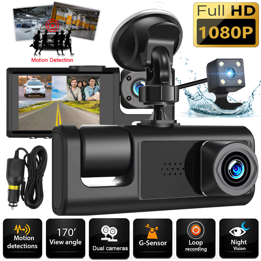 Видеорегистратор Full HD, WDR, 3 камеры, ночное видение, G - сенсор