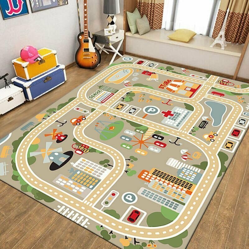Домашний прикроватный коврик для детской комнаты из мягкой бархатистой микрофибры с изображением городских дорог, зданий, железной дороги для игр и защиты от холода