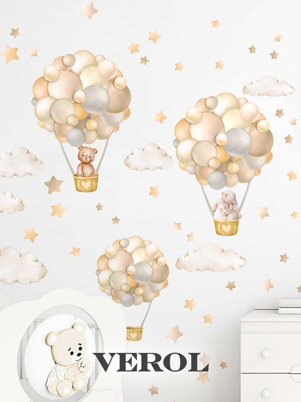 Наклейки интерьерные VEROL "Животные на воздушных шарах" на стену, декор для дома