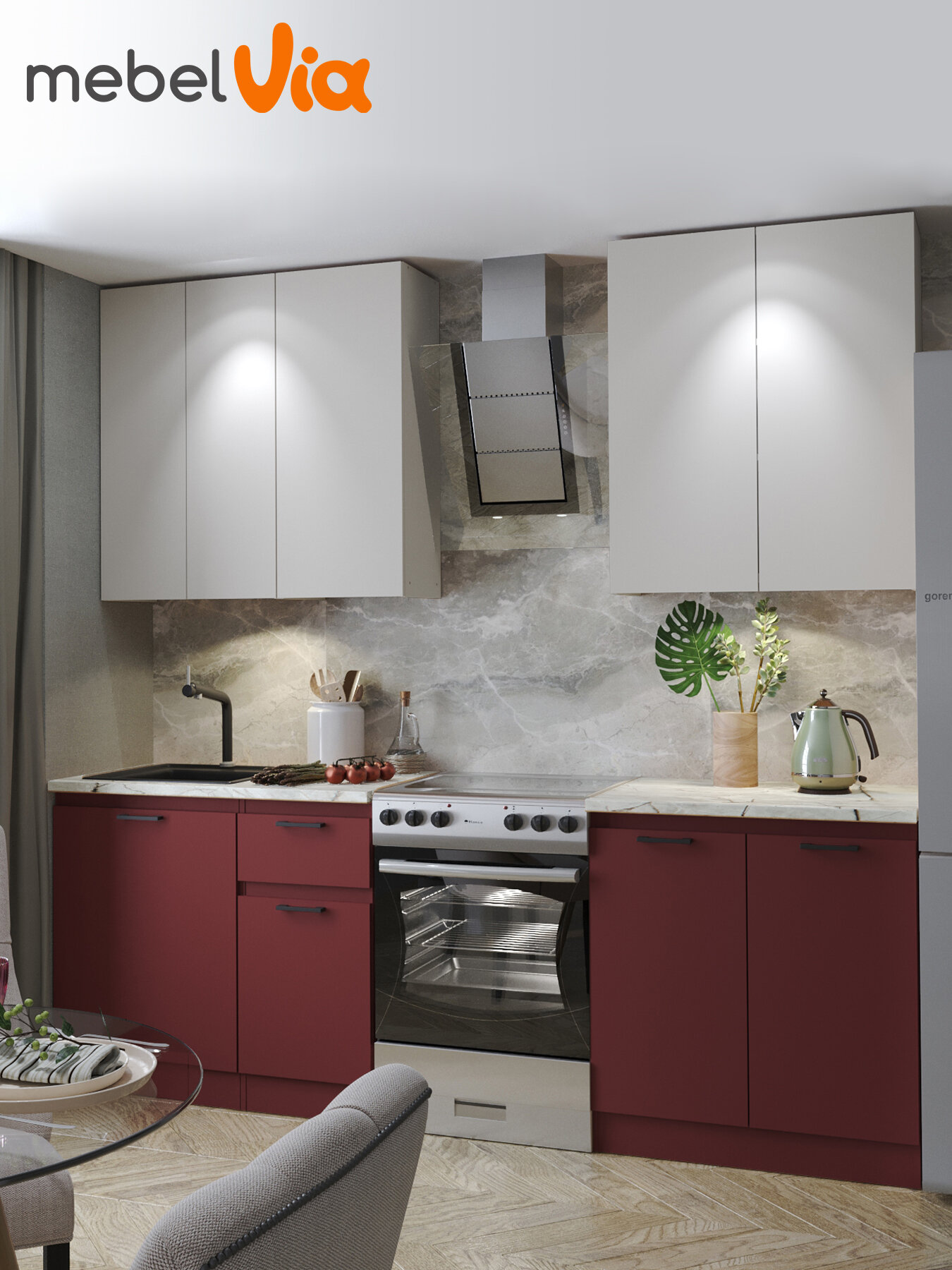 Кухня MebelVia Ревилья без столешницы 180*234*51,9 Кашемир серый / Красно-коричневый ЛДСП