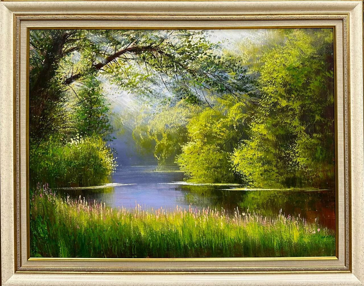 Картина маслом на холсте, летний пейзаж "Утро в лесу" 1