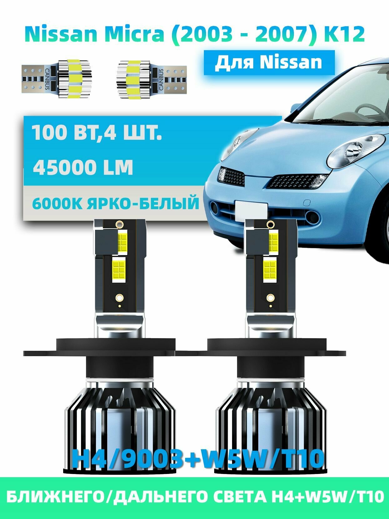 Для Nissan Micra (2003 - 2007) ближнего/дальнего света H4+W5W