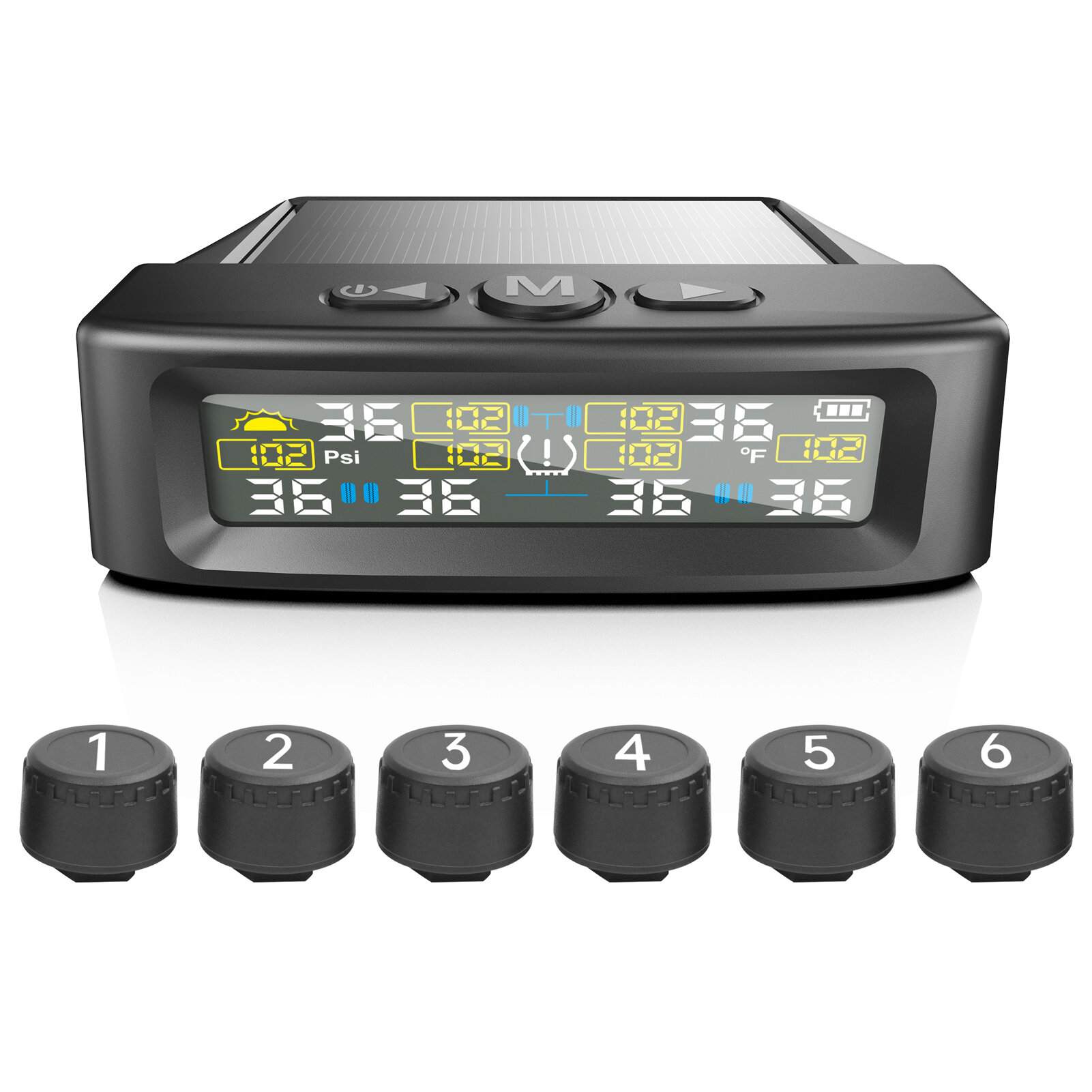 Система контроля давления в шинах, беспроводной солнечный монитор давления в шинах с 6 датчиками, мгновенная сигнализация, отображение температуры и давления в реальном времени 0-9,9 бар/0-144 фунт/кв. дюйм для автофургона с прицепом