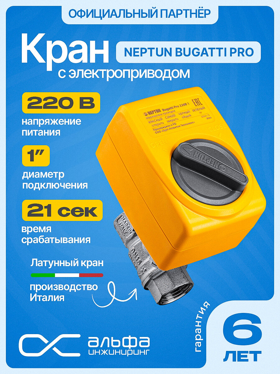 Кран с электроприводом Нептун Neptun Bugatti Pro 220В муфтовый (ВР/ВР), латунь Ду 25 (1") для дома, для дачи