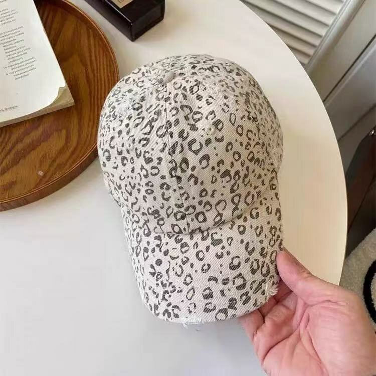 Бейсболка с длинными полями, рваная, в стиле ранней осени, стираная, старая, с леопардовым принтом, для женщин, универсальная, с изображением лица, маленькая кепка-утконос