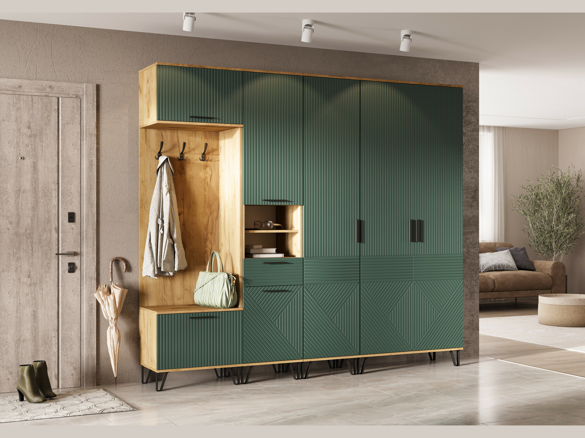 Модульная Прихожая, вариант №1, современная, Браш мени грин/Дуб крафт