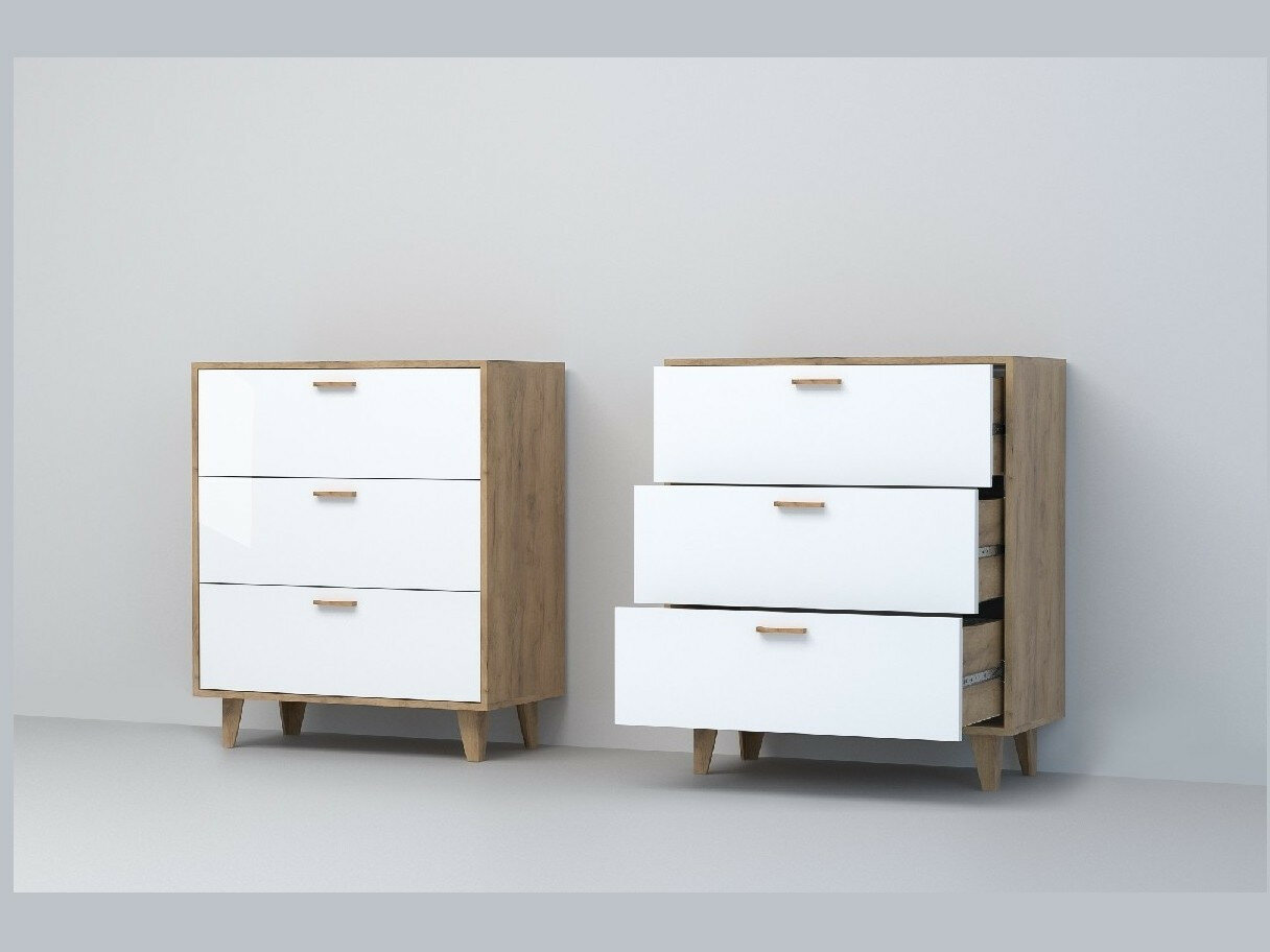 Комод К-3 НГ, в скандинавском стиле, Глянец Белый/Крафт золотой