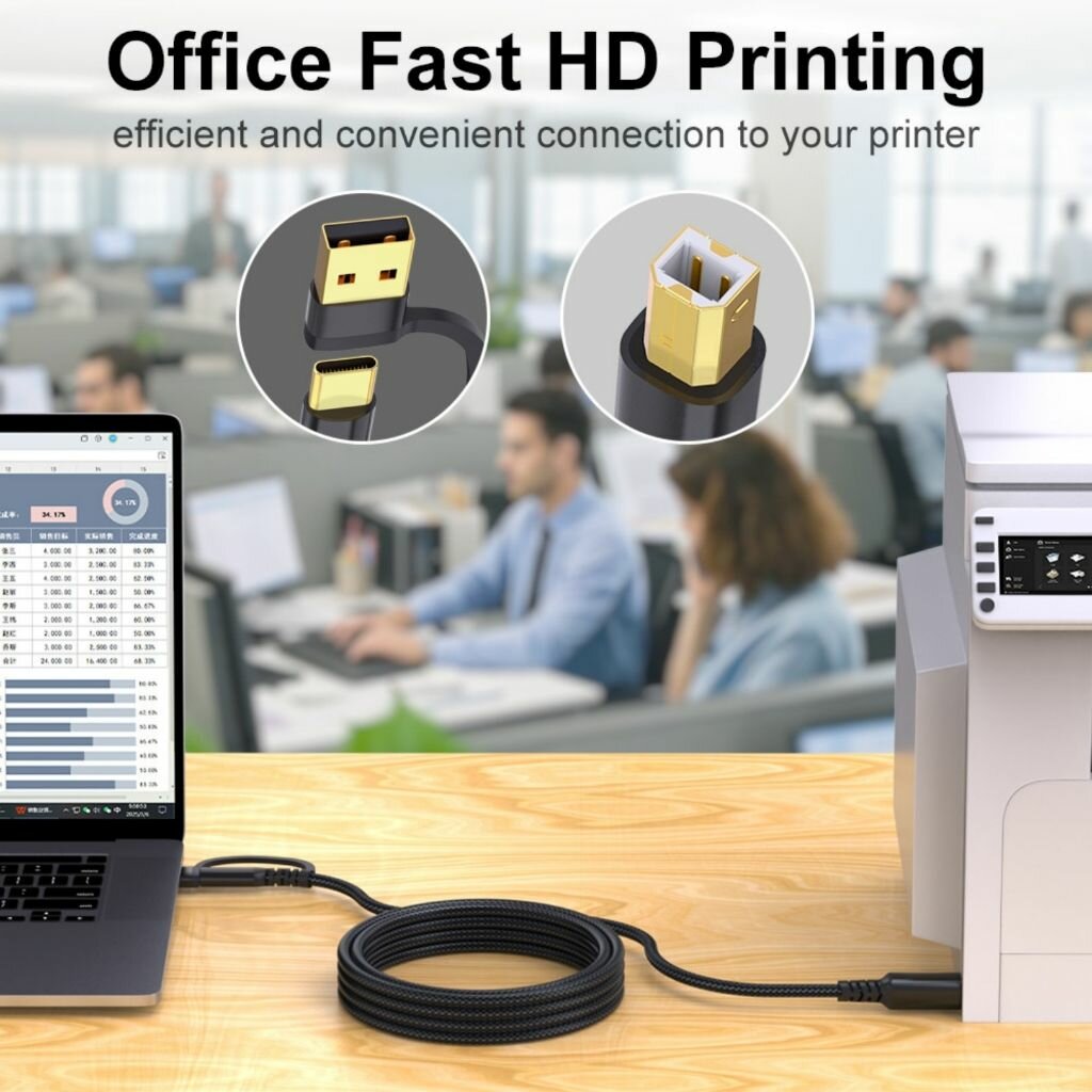 Кабель для передачи данных от USB к принтеру typec 2-в-1-2 м-черный