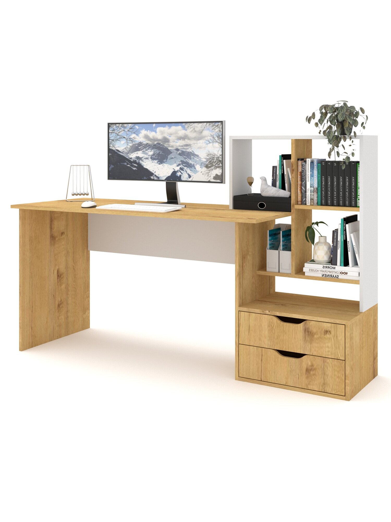 Есэндвич Лаворо 5 Письменный стол со стеллажом и ящиками 170х110х60 см правый (Дуб бунратти/Белый)