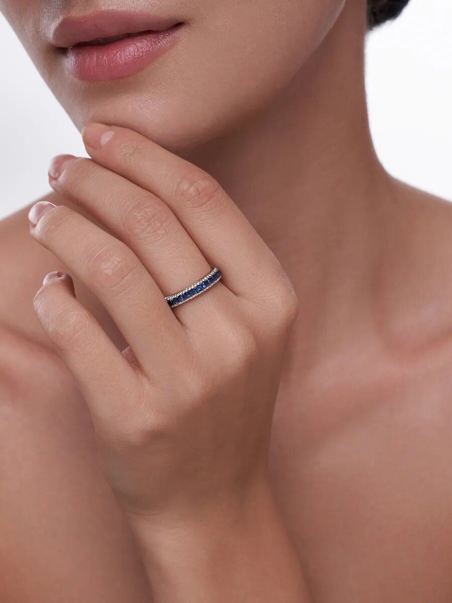 Кольцо тонкое, дорожка, серебро, 925 проба, родирование, фианит