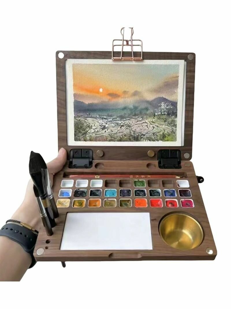 Складная деревянная палитра с ремнём для пленэра - Портативная коробка под краски! Для масла и акварели