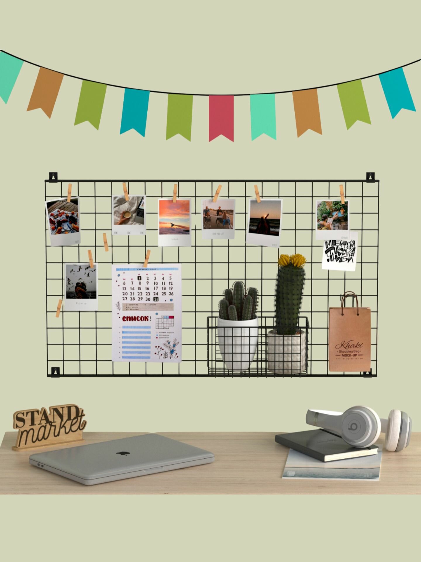 Мудборд настенный 100х60 см черный матовый / органайзер-решетка для фотографий