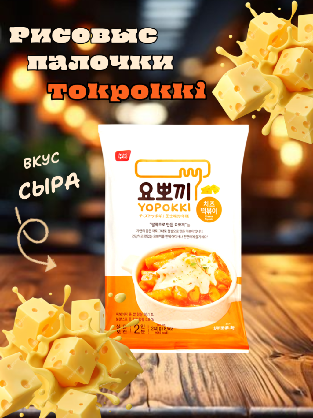 Рисовые палочки Yopokki Токпокки со вкусом сыра 240 г, Южная Корея