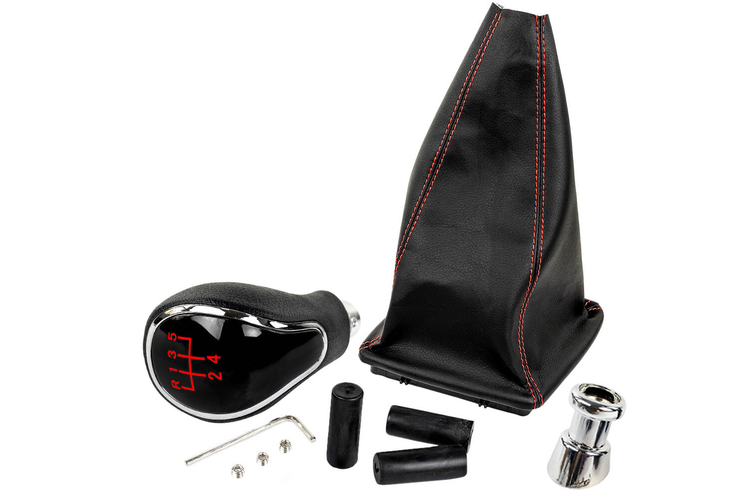 Ручка КПП хром, красная подсветка Sal-Man с пыльником с красной строчкой на Лада Приора с кулисой (прямоугольный шток)