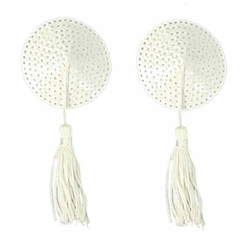 Стразовые накладки на соски с кисточками, Белая круглая пайетка с