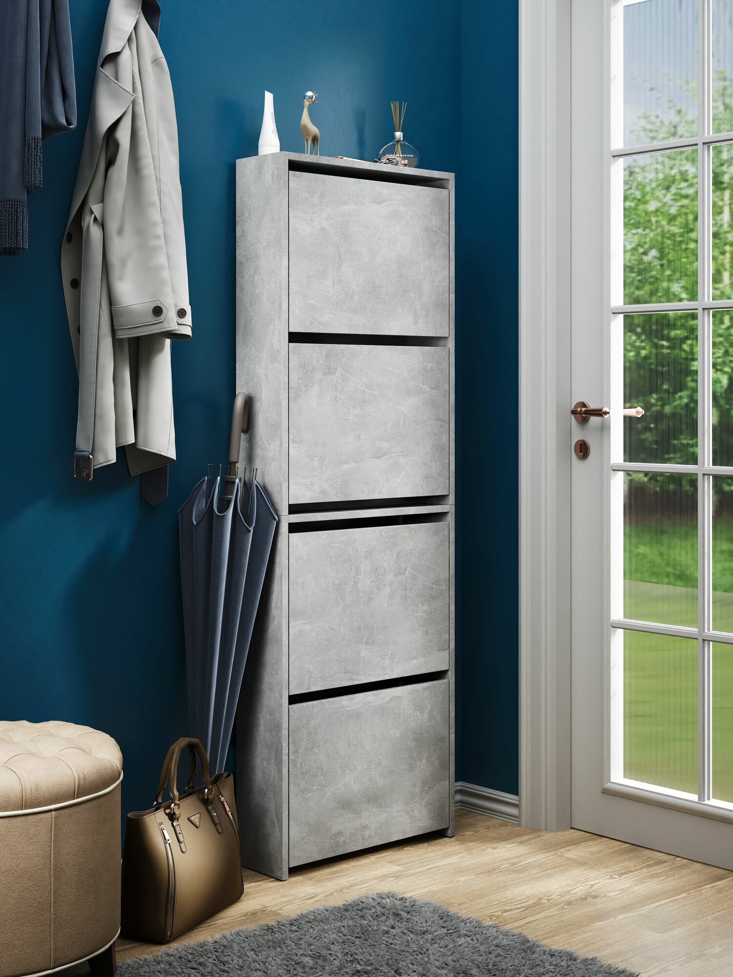 Обувница Profimebel "Лаура-9", ЛДСП, бетон, высокая, узкая, с откидными вниз дверцами