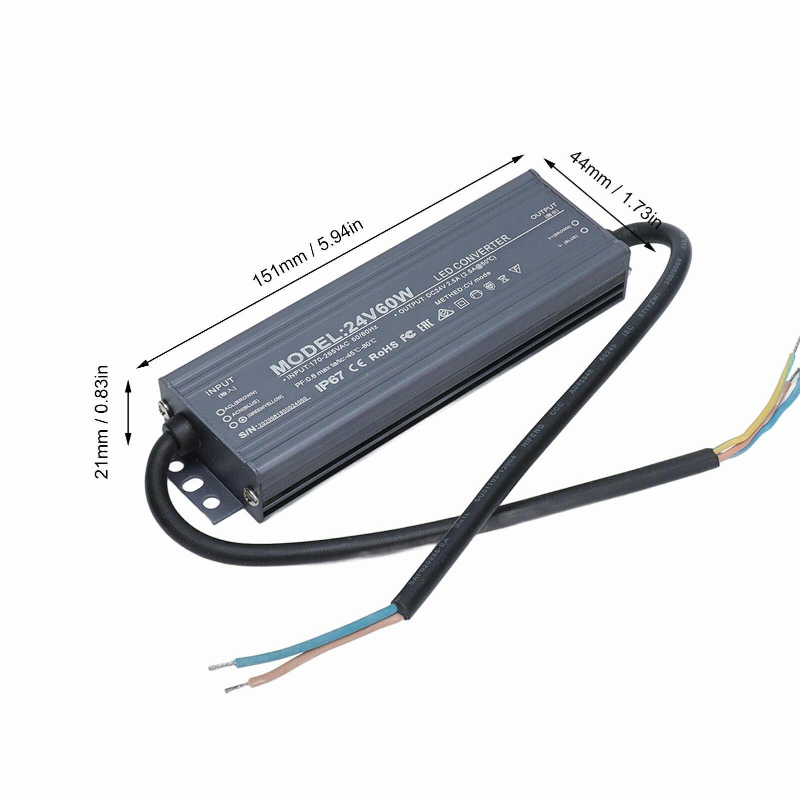 Светодиодный источник питания, трансформатор IP67, водонепроницаемый, постоянное напряжение 60 Вт AC170 265V24V 2,5A