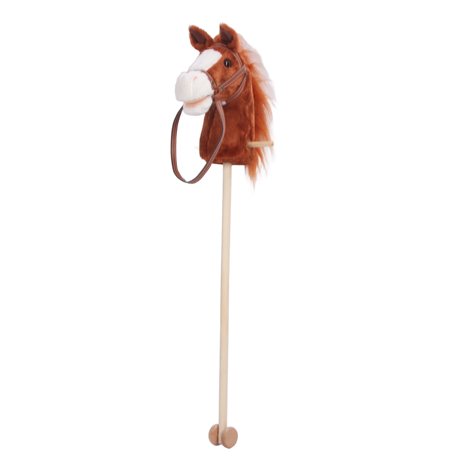 Детская игрушка-голова лошади на палочке, милая, с выразительным лицом, мягкая, плюшевая, с колесиками, кофейного цвета.