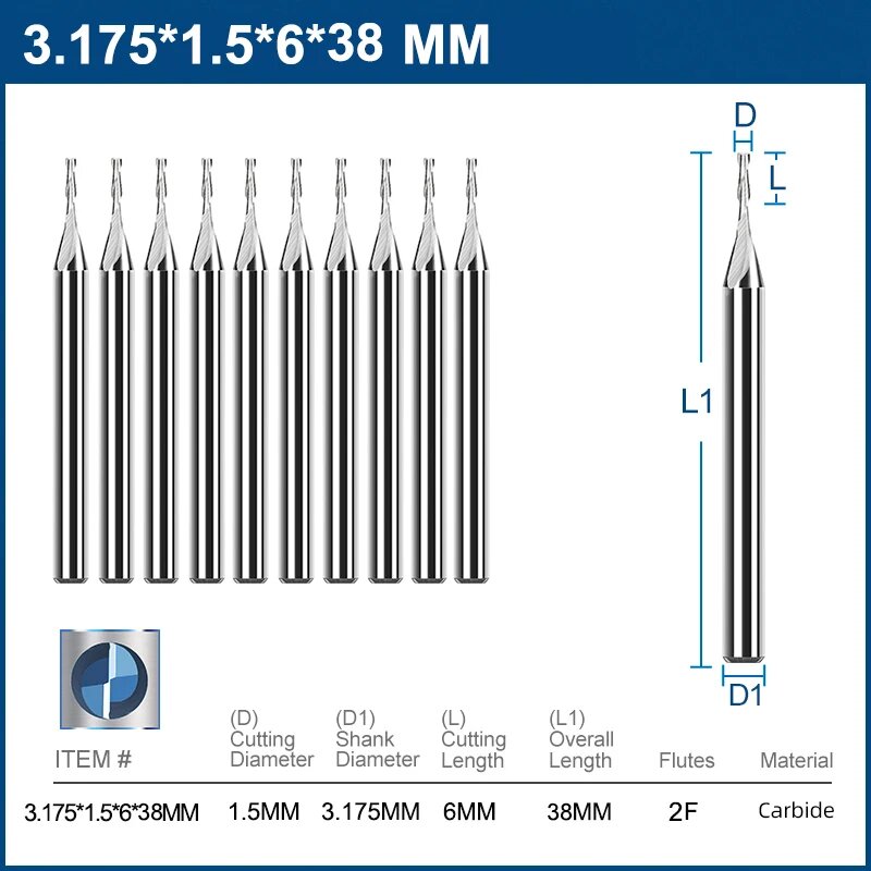 Фреза XCAN, 10 шт, 3,175 мм (1/8 дюйма), 2 флейты, плоская концевая фреза, твердосплавная концевая фреза с ЧПУ для деревообработки 3.175x1.5x6mm