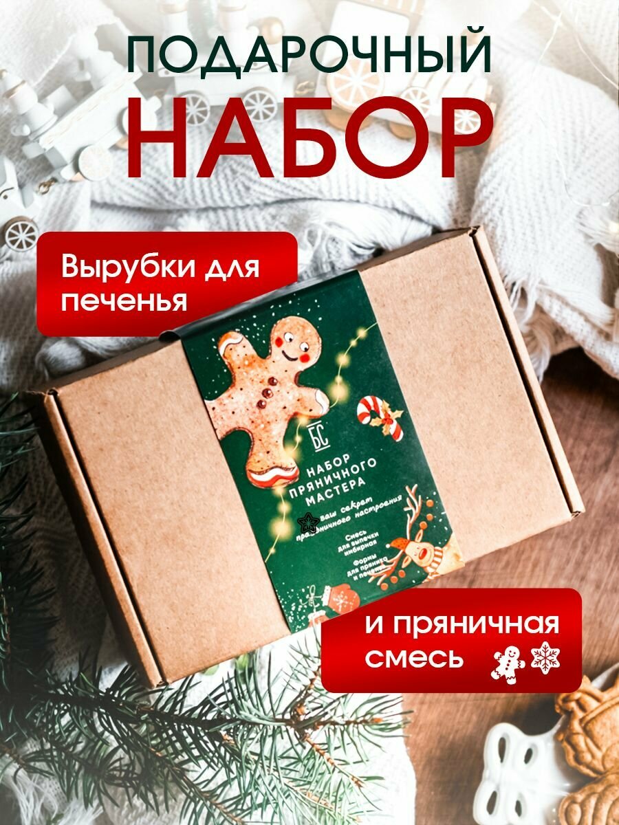 Подарочный набор новогодний: имбирная смесь специй для пряников и печенья, вырубка для имбирного печенья 5 шт