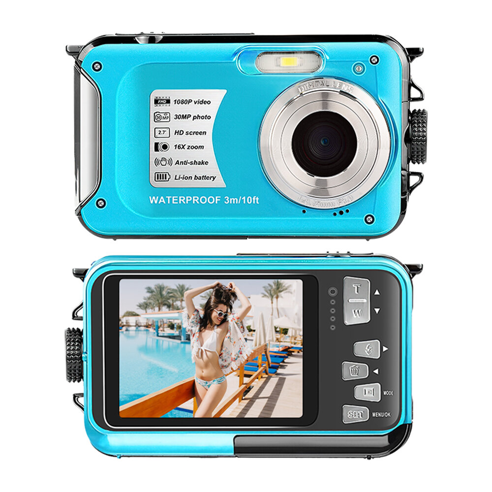 1080P Ultra HD экшн-камера с 2,7-дюймовым TFT-экраном, 30 МП, анти-дрожание, подводная съемка, водонепроницаемость до 3 метров, 16-кратный цифровой зум, поддержка карты TF объемом до 128 ГБ, с аккумулятором, шнуром для ношения и USB-кабелем.