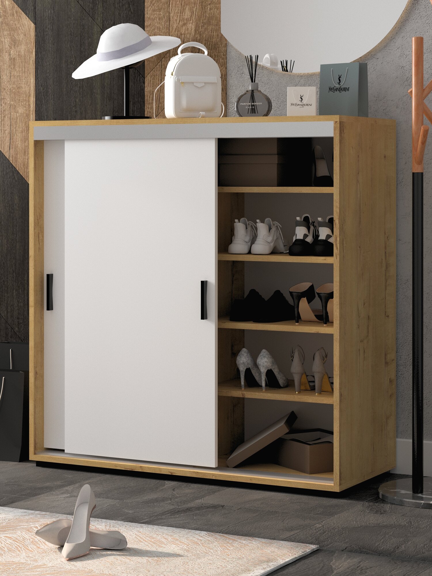 Есэндвич Депо-4 Тумба-купе для обуви с полками 100х102х40 см (Дуб бунратти/Белый)