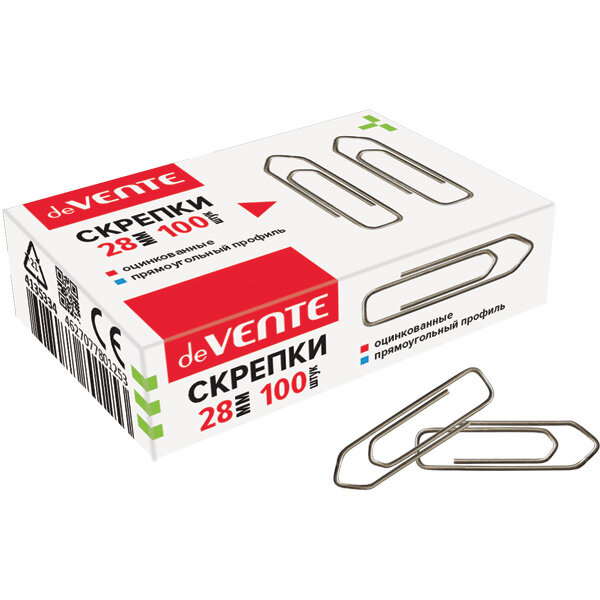 Скрепки " deVente " 28мм, оцинкованные, прямоугольные, 100 штук в картонной коробке, количество: 10 штук