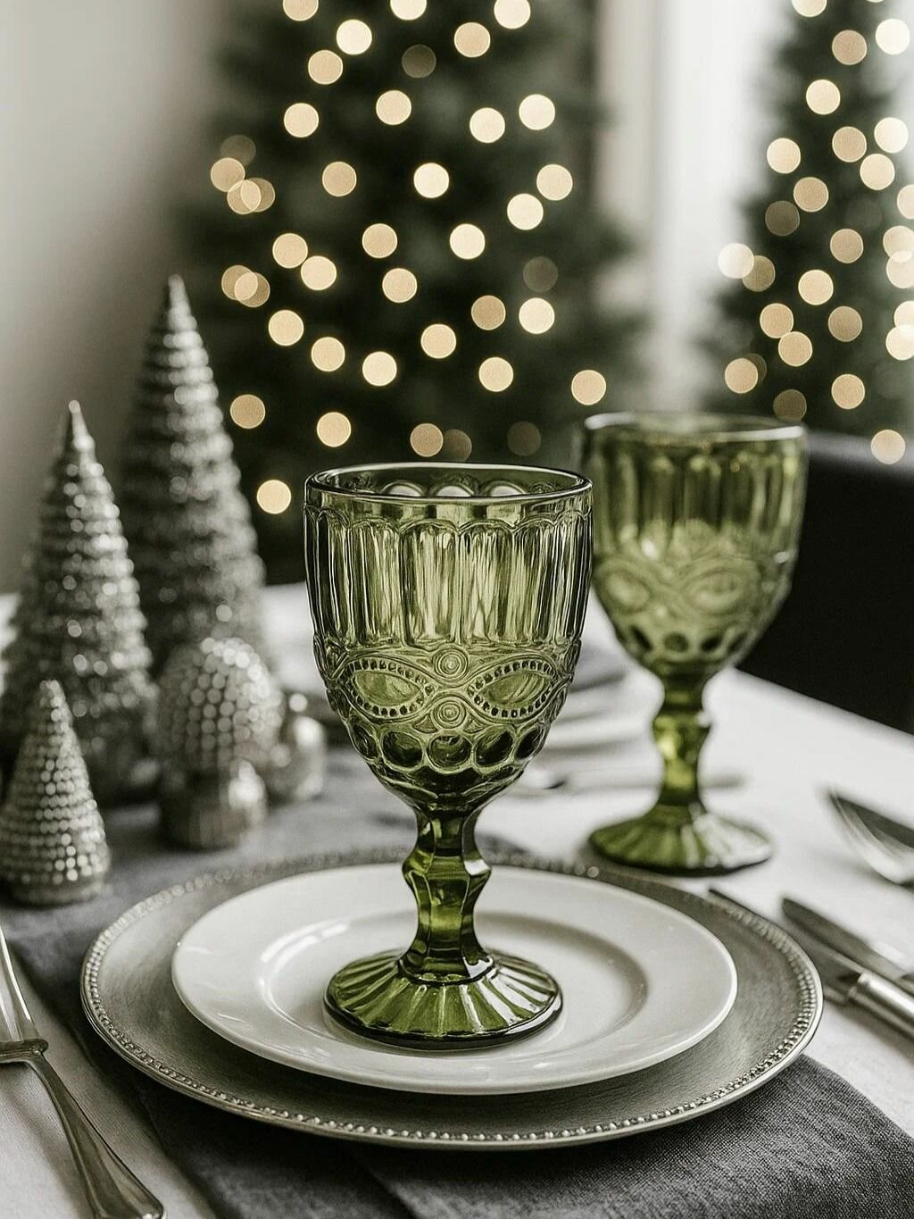 Набор цветных бокалов, фужеров на ножке с узором 250 мл 2 шт, зеленые. Коробка подходит для подарка. Стекло, для вина, воды, коктейлей.