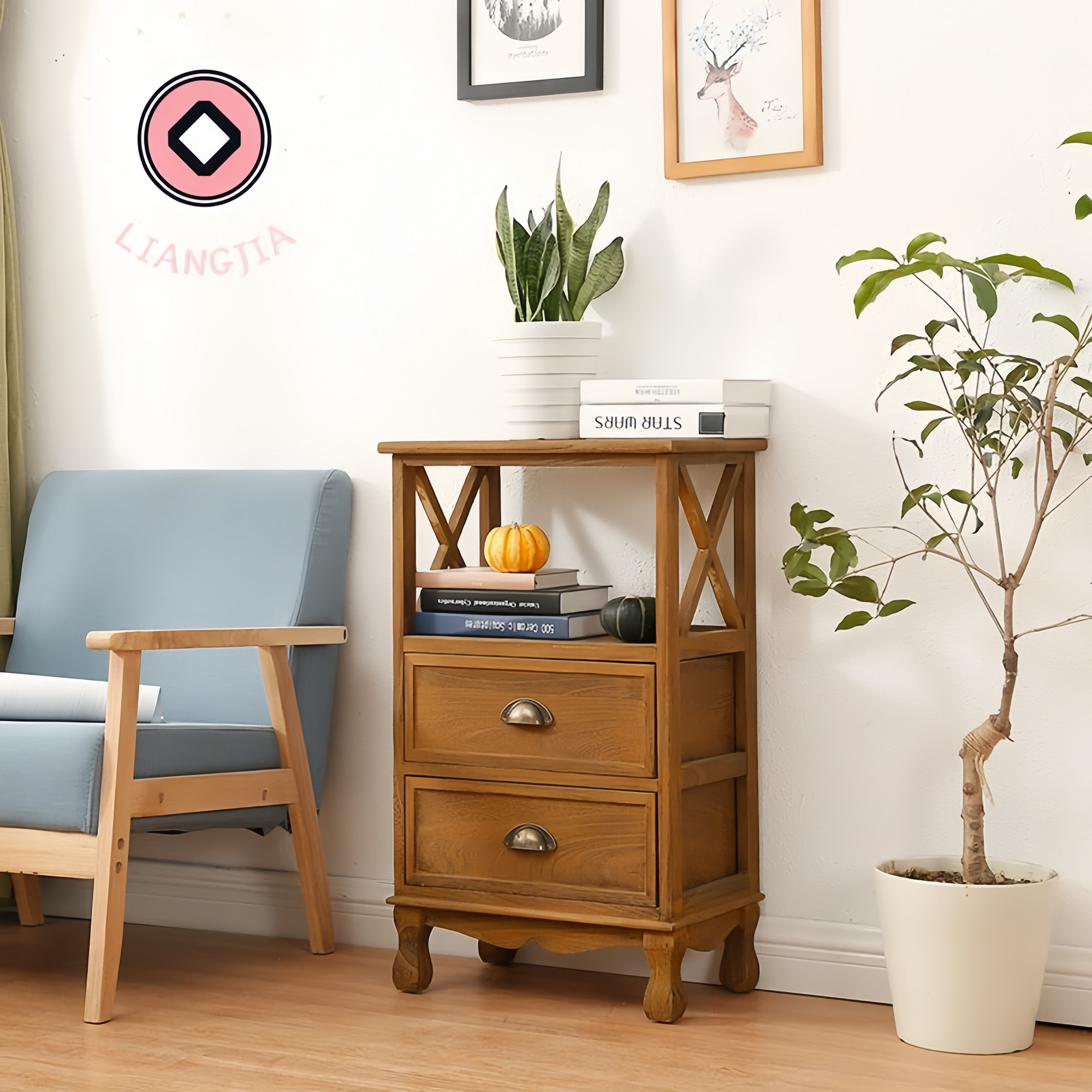 Тумба прикроватная-SALO, дерево, 2 ящика, арт-деко, коричневая