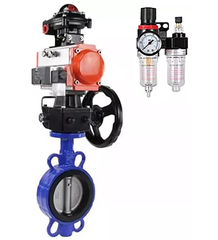 Затвор дисковый поворотный DN.ru WCB-316L-NBR Ду50 Ру16, корпус углеродистая сталь WCB, диск нержавеющая сталь 316L, уплотнение NBR, с пневмоприводом DA-065, с пневмораспределителем 220VAC, с БКВ LSB-510-02ExM12-250, с ручным дублером HDM-1, с БПВ