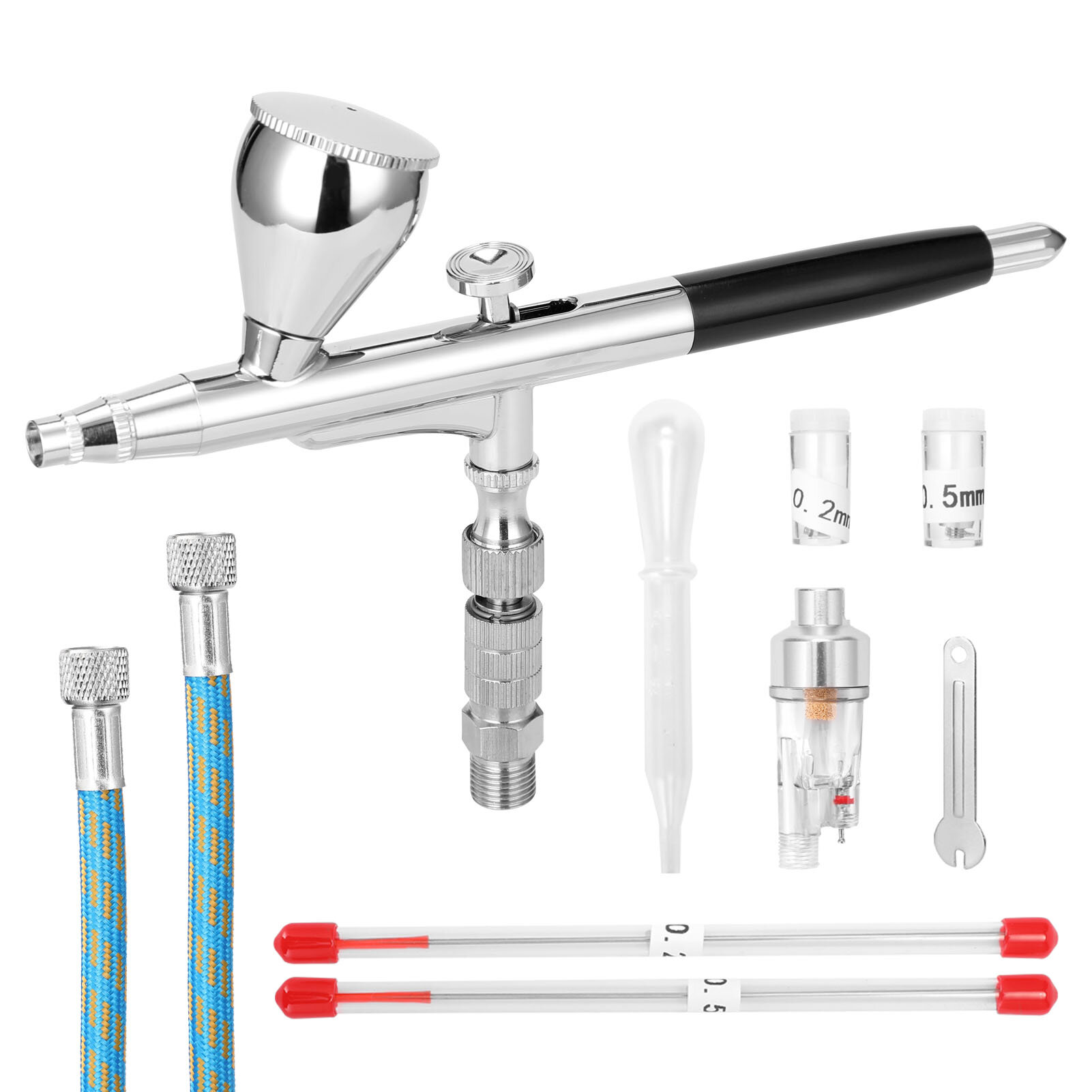 Professional Airbrush Set для моделирования: Airbrush + иглы 0.2mm, 0.5mm, 0.3mm (установлена) + сопла 0.2mm, 0.5mm + адаптер G1/8 + ключ + шланг + сепаратор масло-вода + капиллярка