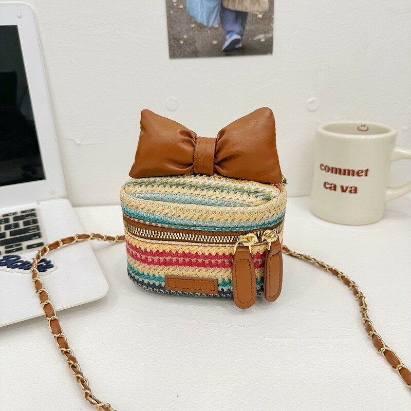 Сумка woven bucket bag charming lightweight, полосатый узор, карамельный бант