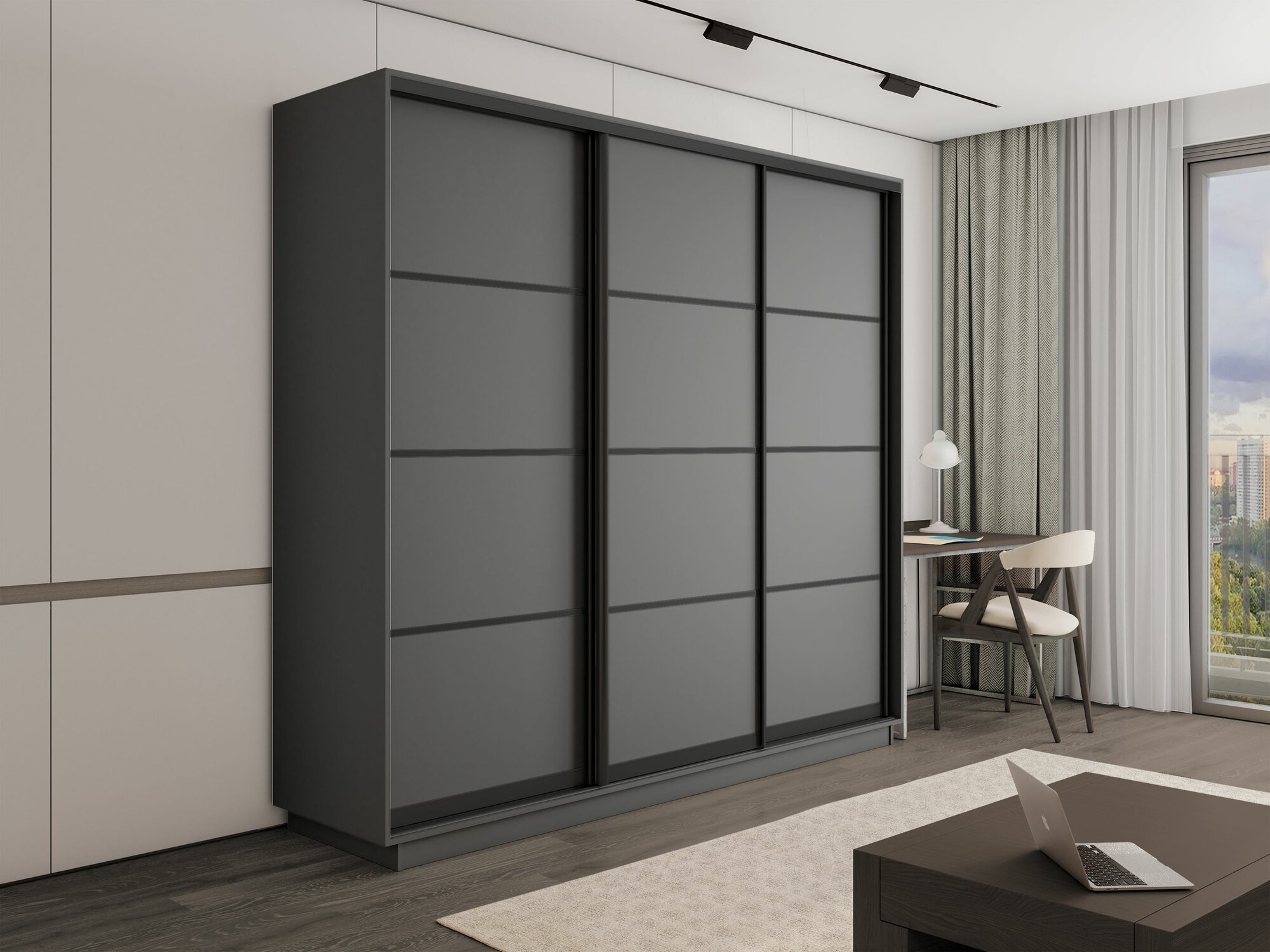 Шкаф-купе Вилли С4 3-х дверный, ЛДСП, (черный профиль) 180х45х220 см. Серый диамант