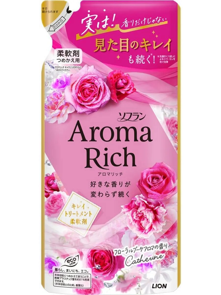 Кондиционер для белья LION Soflan Aroma Rich Catherine с натуральными маслами розы, пиона и апельсина, 380 мл. см. уп.